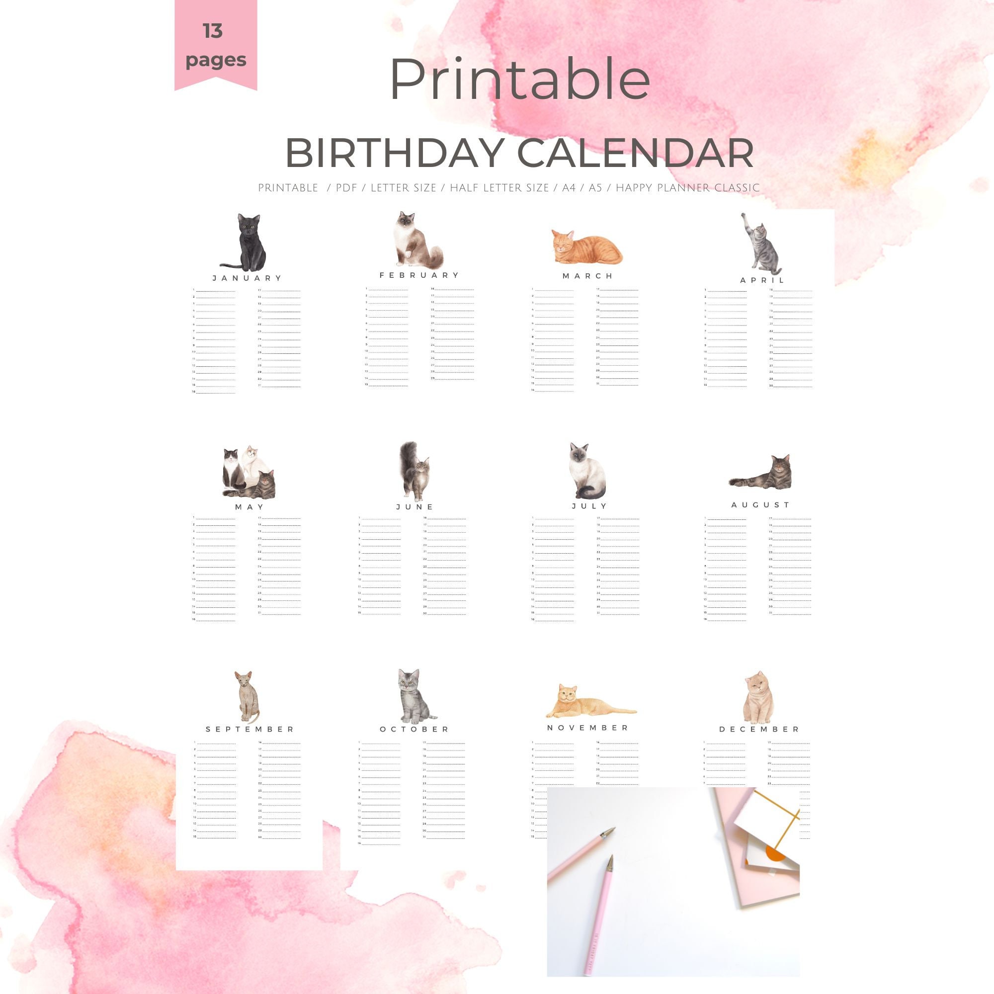 Cats Birthday Calendar, Birthday Calendar Eternity, Mothersday - Etsy