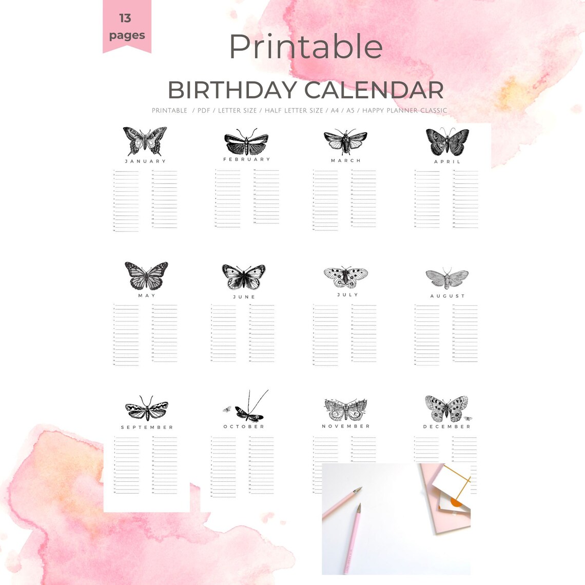 Eternity Butterfly Moth Birthday Calendar, Birthday Calendar, Black and ...