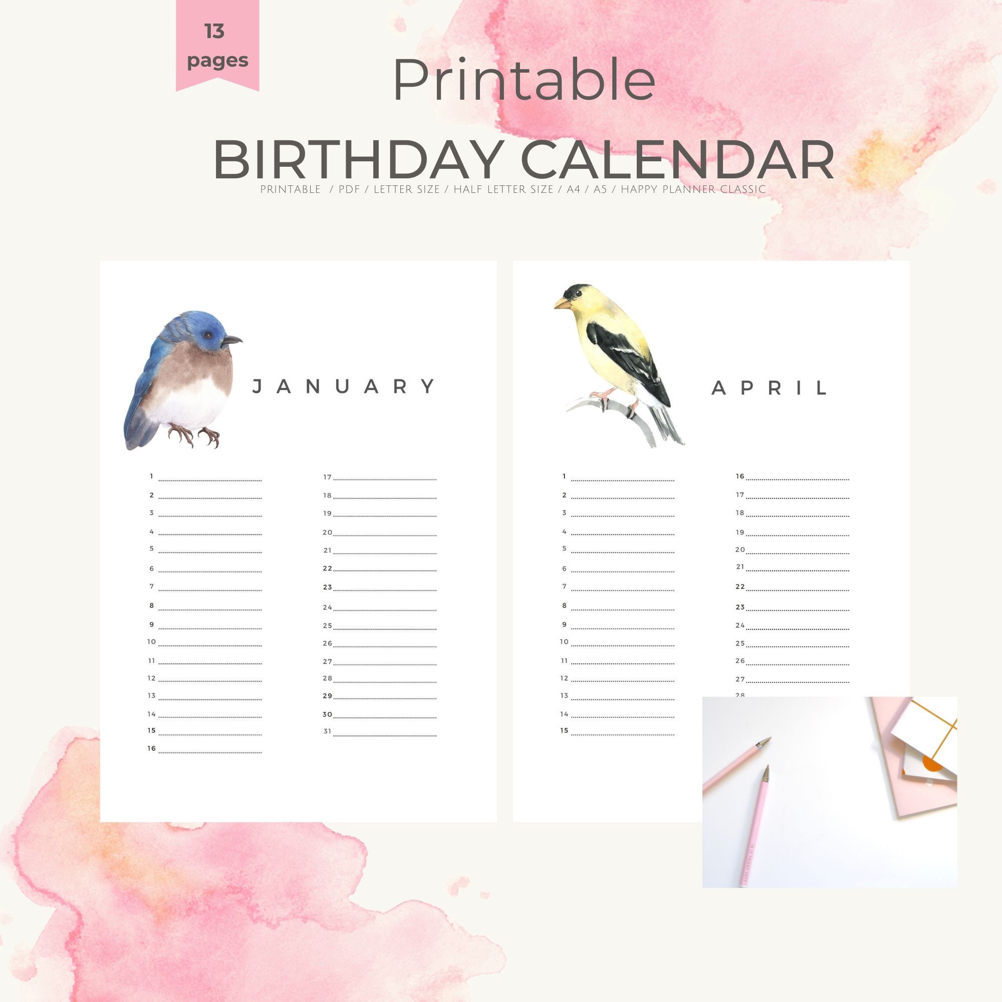Birds Birthday Calendar, Eternity, Aquarel, Watercolor, Clipboard ...