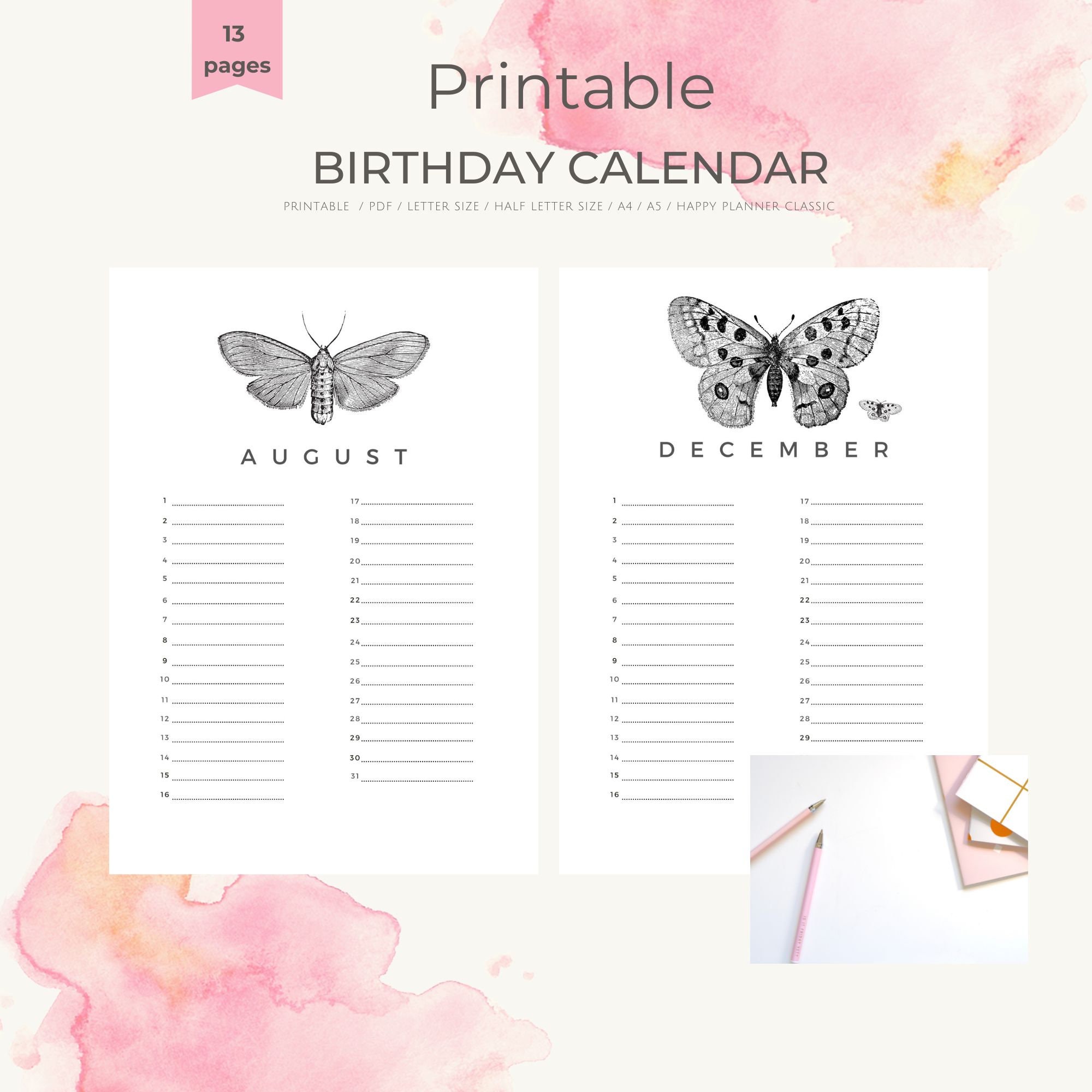 Eternity Butterfly Moth Birthday Calendar, Birthday Calendar, Black and ...