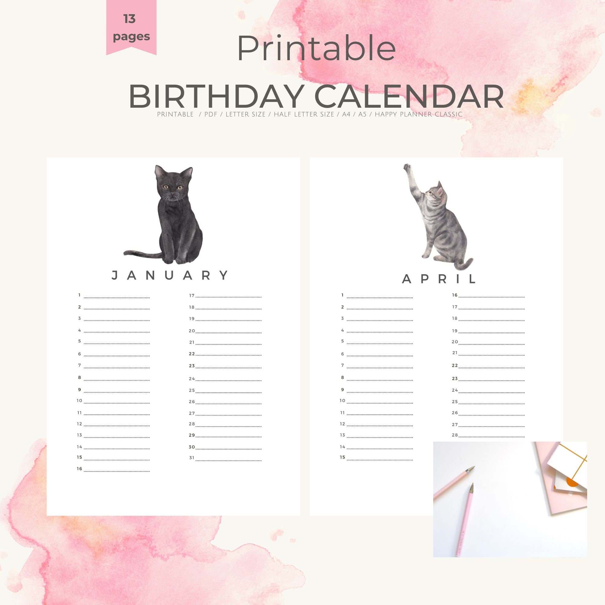 Cats Birthday Calendar, Birthday Calendar Eternity, Mothersday - Etsy