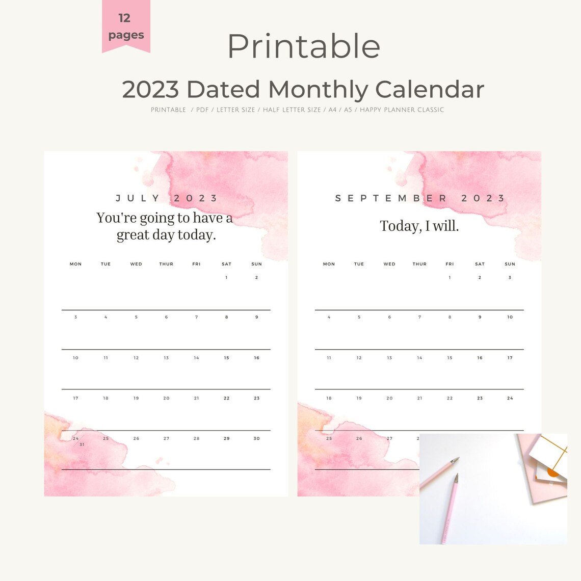 2023 Calendar Monthly 2023 Calendar Pink 2023 Calender - Etsy