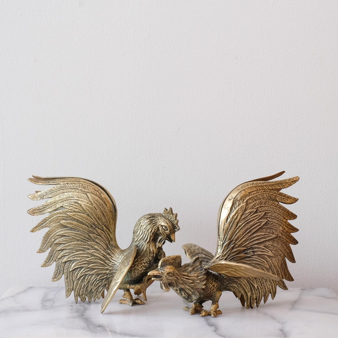 Mid-century Brass Rooster Pair, Brass Fighting Roosters, Vintage Brass ...