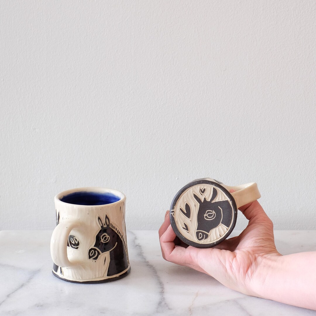 Sgraffito Animal Mug Set, Sgraffito Horse Mug, Carved Horse Mug, Carved ...