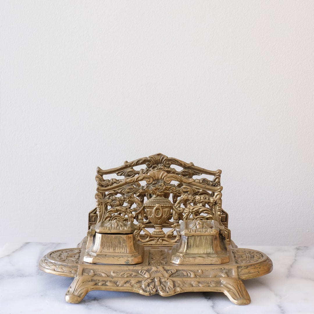 Antique Brass Inkwell, Antique Writer's Accessory, Brass Desktop Pen ...