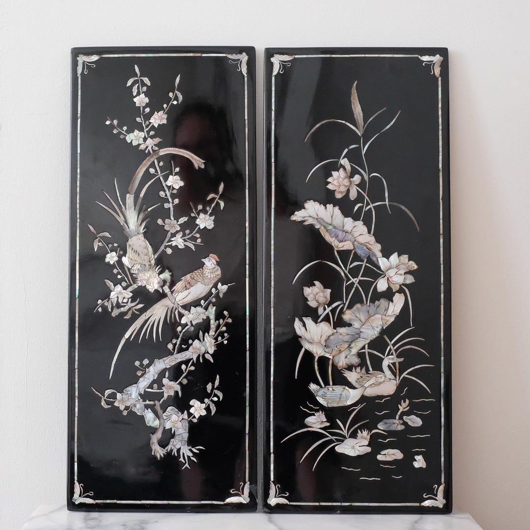 Asian Mother-of-pearl Lacquered Wall Panels, Asian Wall Art, Estate ...