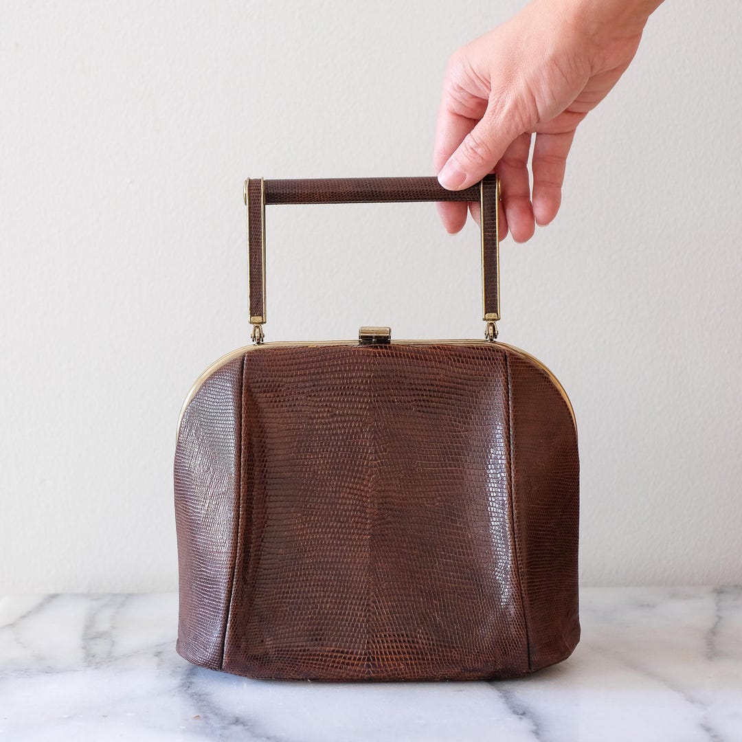 Vintage Leather Lizard Skin Bag, Structured Reptile Purse, Brown ...