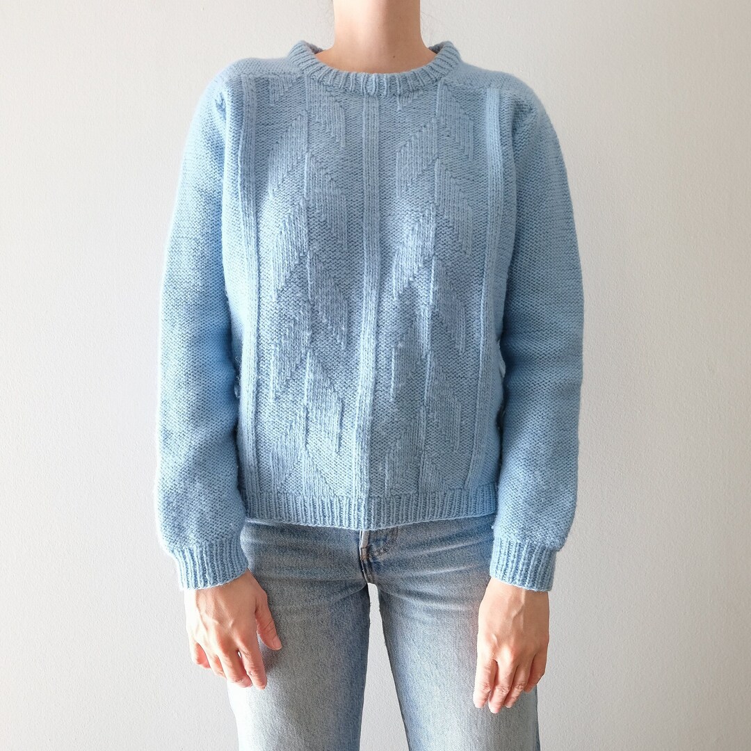 Vintage Wool Blue Knit Sweater, Chevron Pattern Wool Knit, Vintage Wool ...