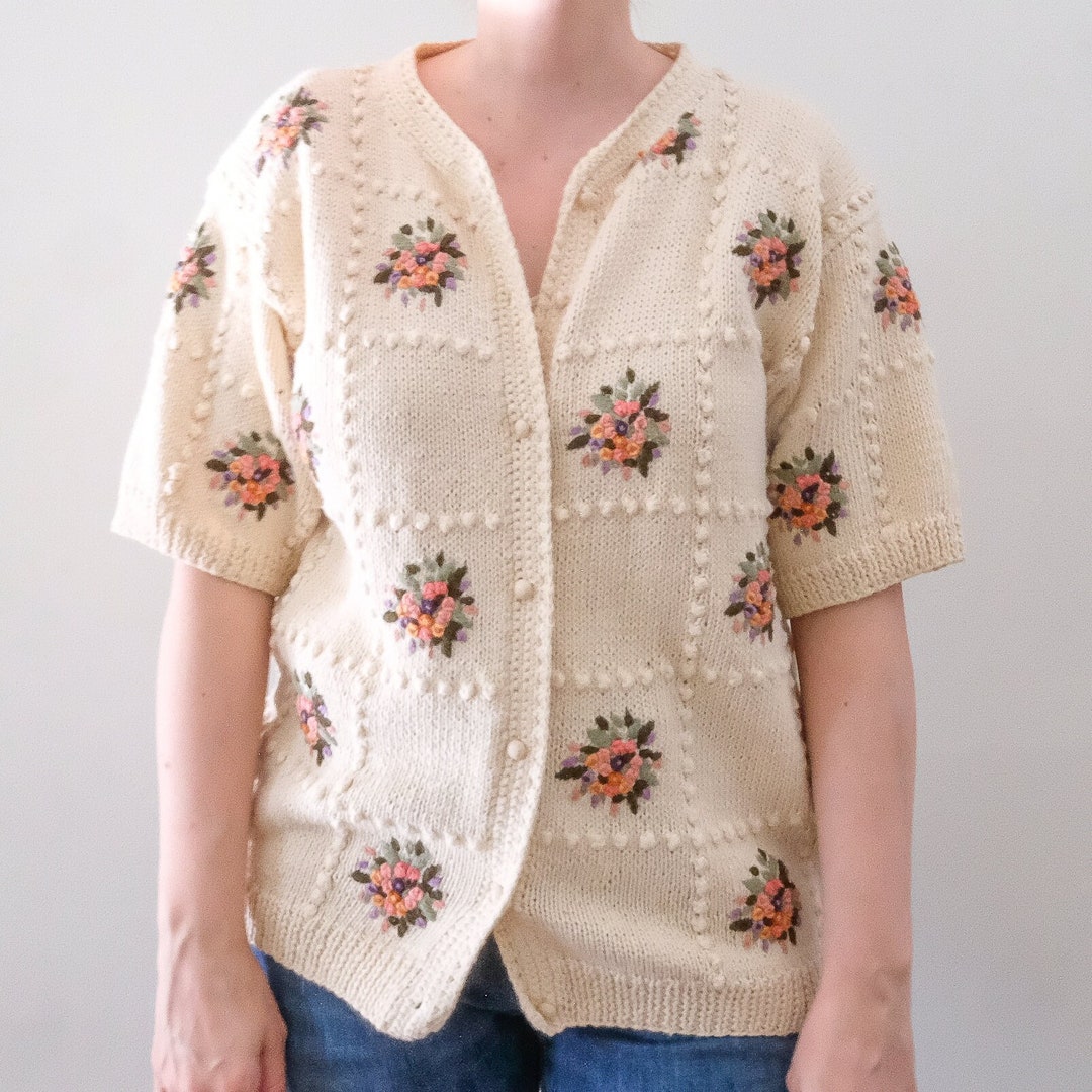 Vintage Floral Embroidered Cardigan Sweater, Cream Floral Sweater ...