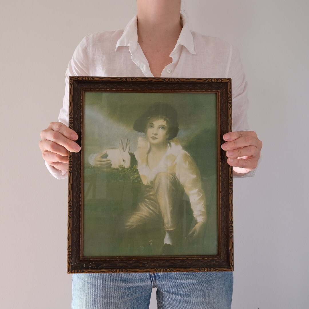 Vintage Framed Girl With Rabbit Art Print, Vintage Pet Portrait ...