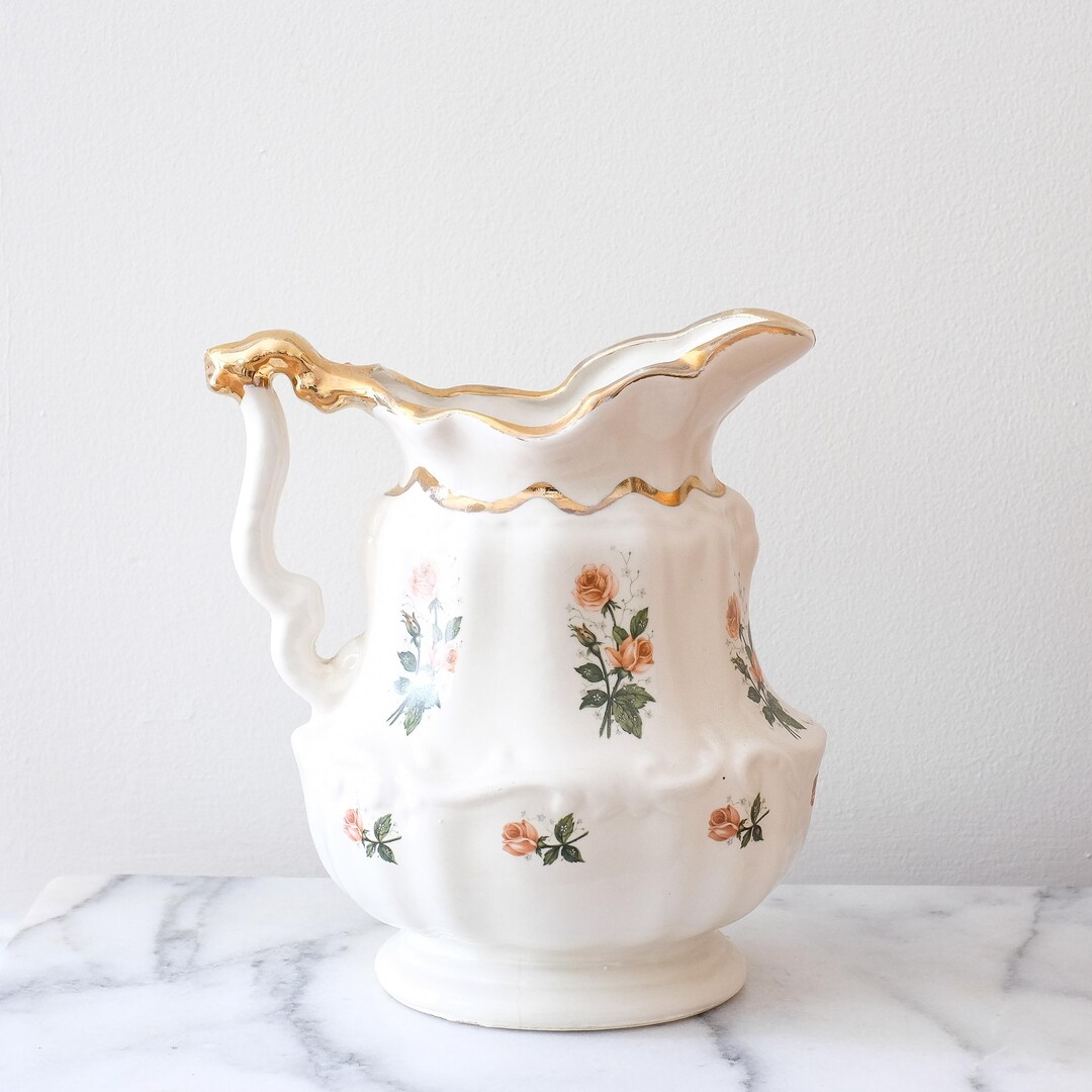 Antique Floral Pitcher, Rose Motif Ceramic Pitcher, Gold Gilt Porcelain ...