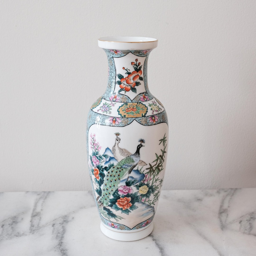Chinese Porcelain Peacock Vase, Chinoiserie Vase, Floral Porcelain Vase ...