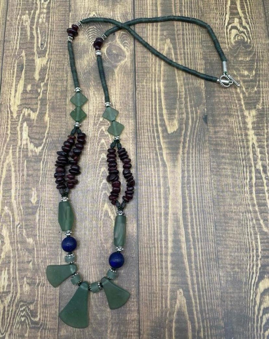 Unpolished Jade With Lapis Bear and Garnet Necklace, Handmade Clover ...