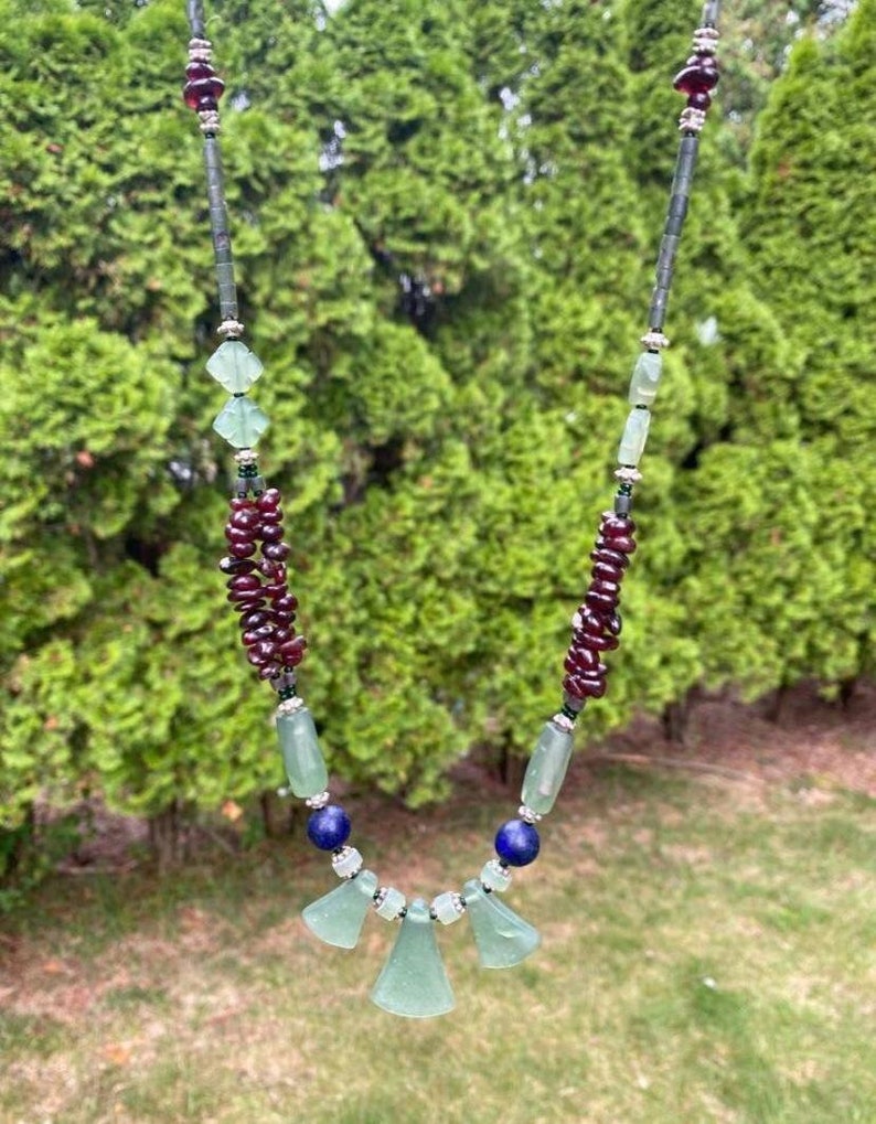 Unpolished Jade With Lapis Bear and Garnet Necklace, Handmade Clover ...