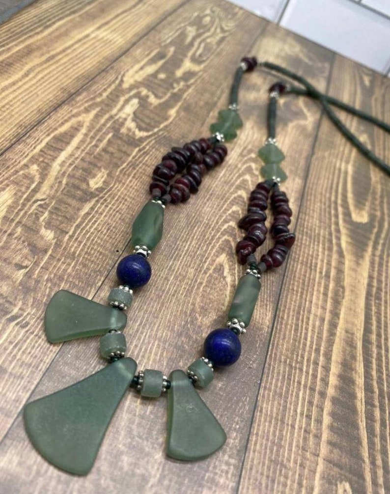 Unpolished Jade With Lapis Bear and Garnet Necklace, Handmade Clover ...
