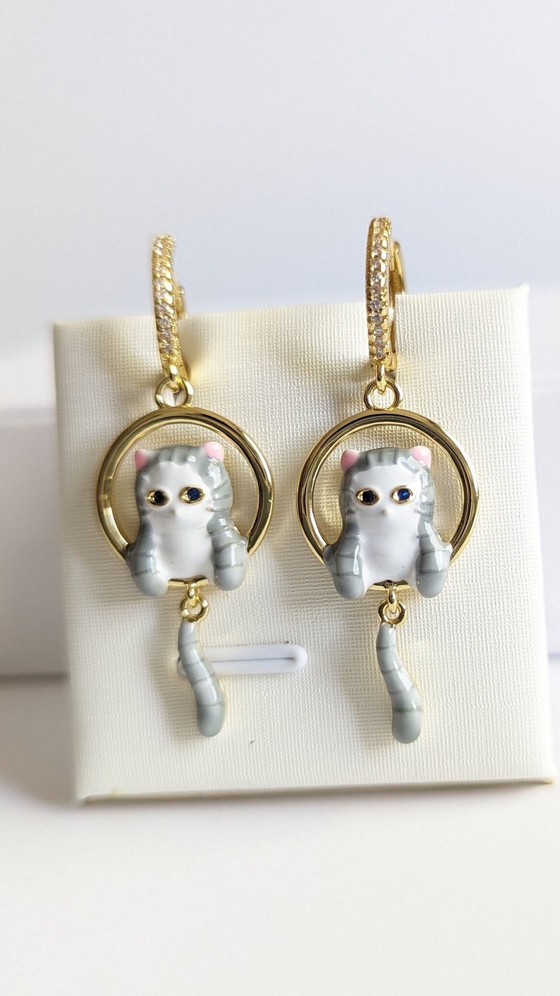 18K Gold Filled Cute Round Cat Earrings With Zirconia Hoops. Handmade ...