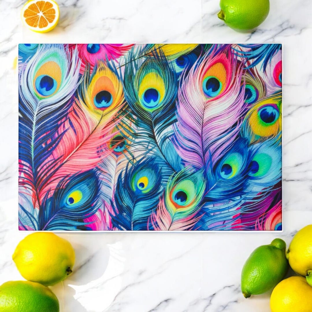 Abstract Colorful Peacock Feathers Glass Cutting Board Charcuterie ...