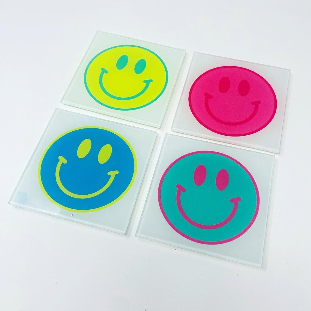 BAR Glass Set of Smiley Face Happy Face Coasters - Etsy