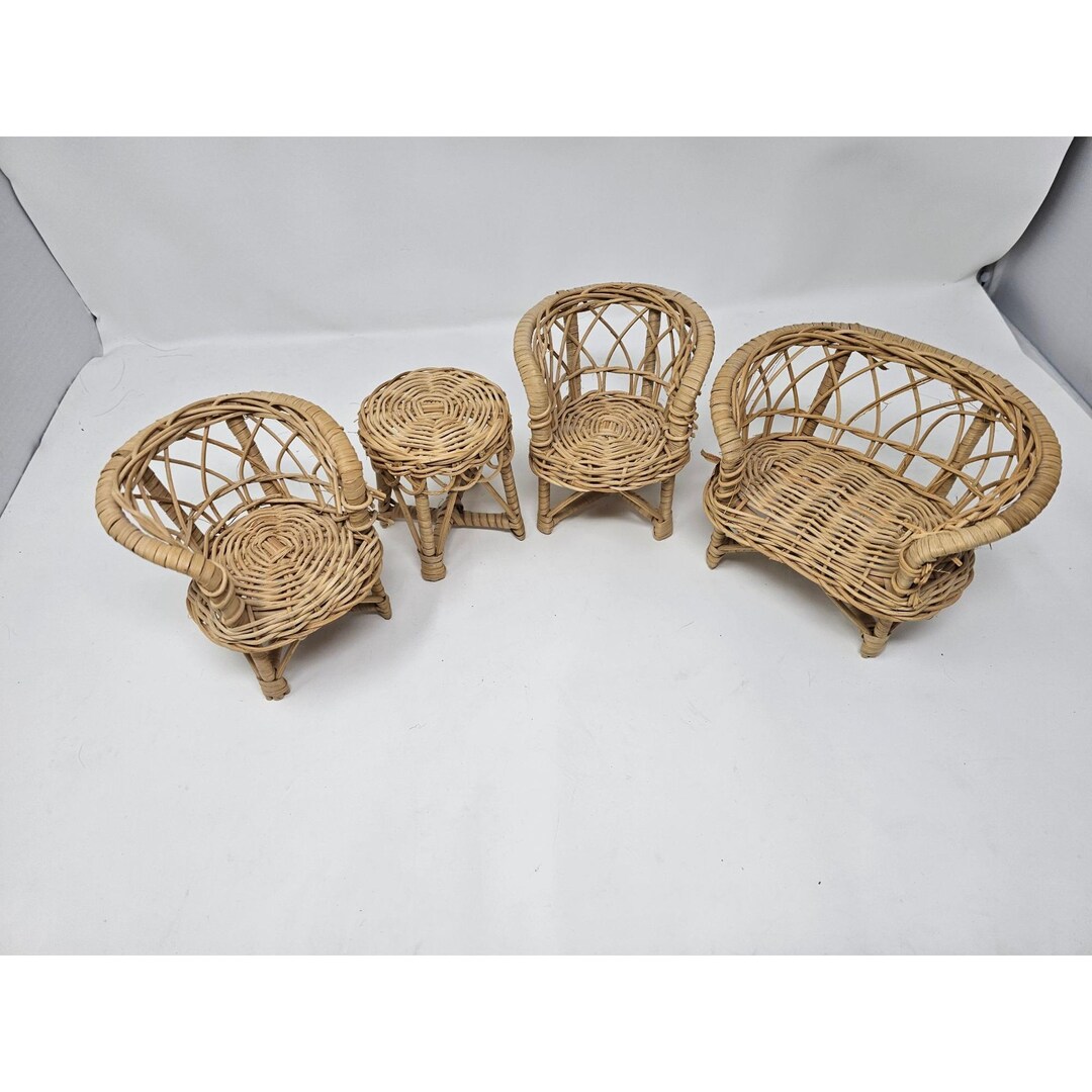 Vintage 4 Piece Wicker Doll Furniture Set - 2x Chairs, Coffee Table ...