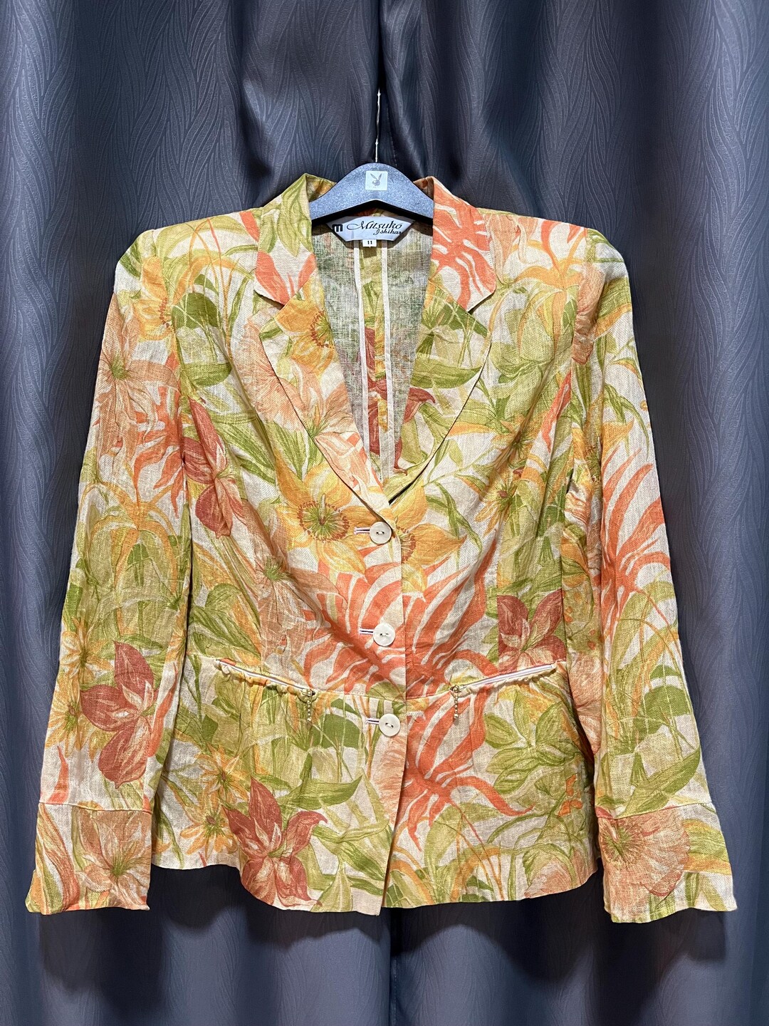 Vintage Mitsuko Ishihara Floral Pattern 100% Linen Blazer Ladies Jpn11 ...