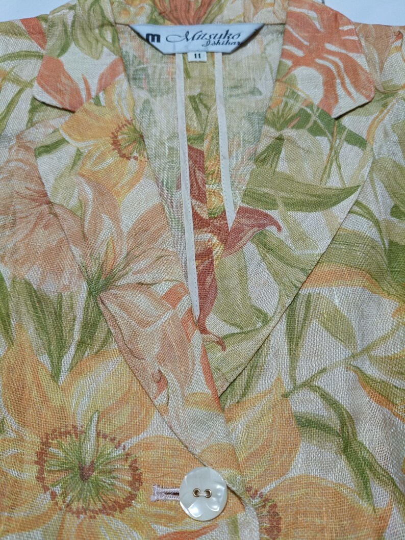 Vintage Mitsuko Ishihara Floral Pattern 100% Linen Blazer Ladies Jpn11 ...
