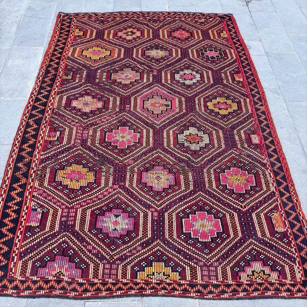 Turkish Kilim, Large Kilim, Vintage Kilim, Embroidered Anatolian Kilim ...