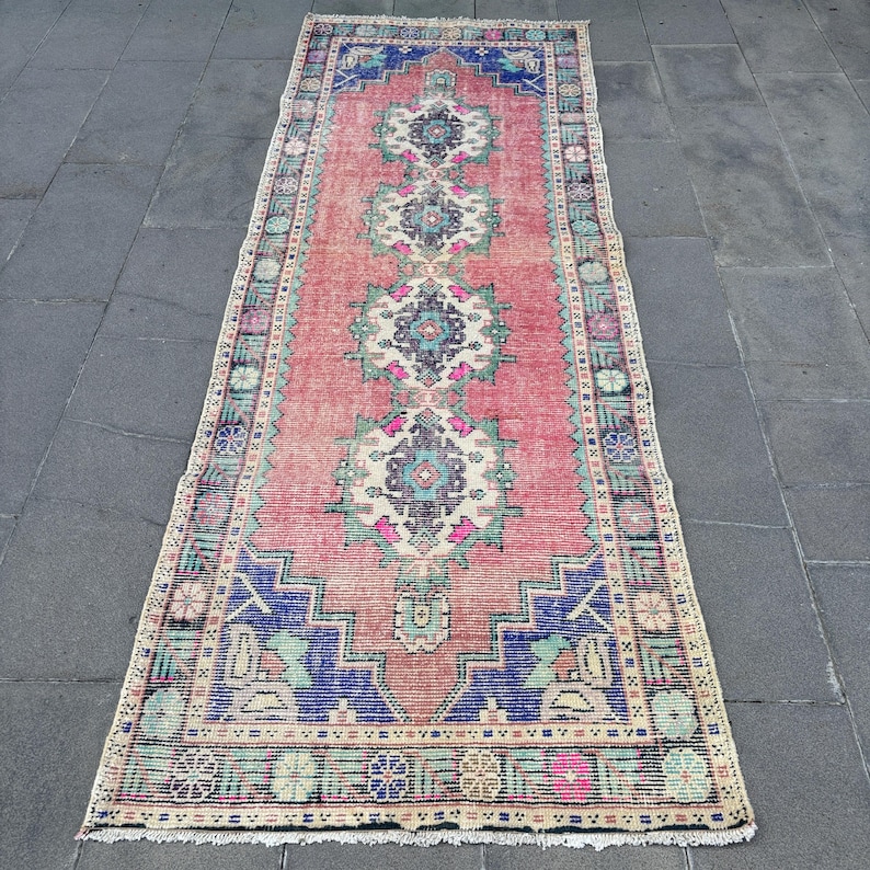 Turkish Rug 3.3x9.1 Ft, Red Blue Plants & Trees Wool Vintage Rug - Etsy UK