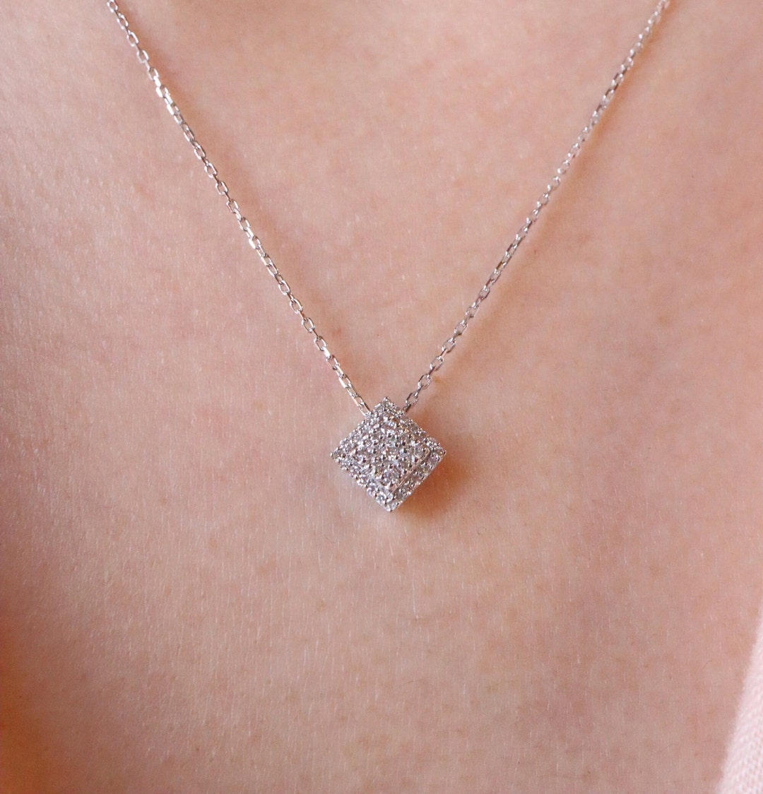 14K Solid Gold Diamond Square Necklace- Diamond Necklace-wedding Gift ...