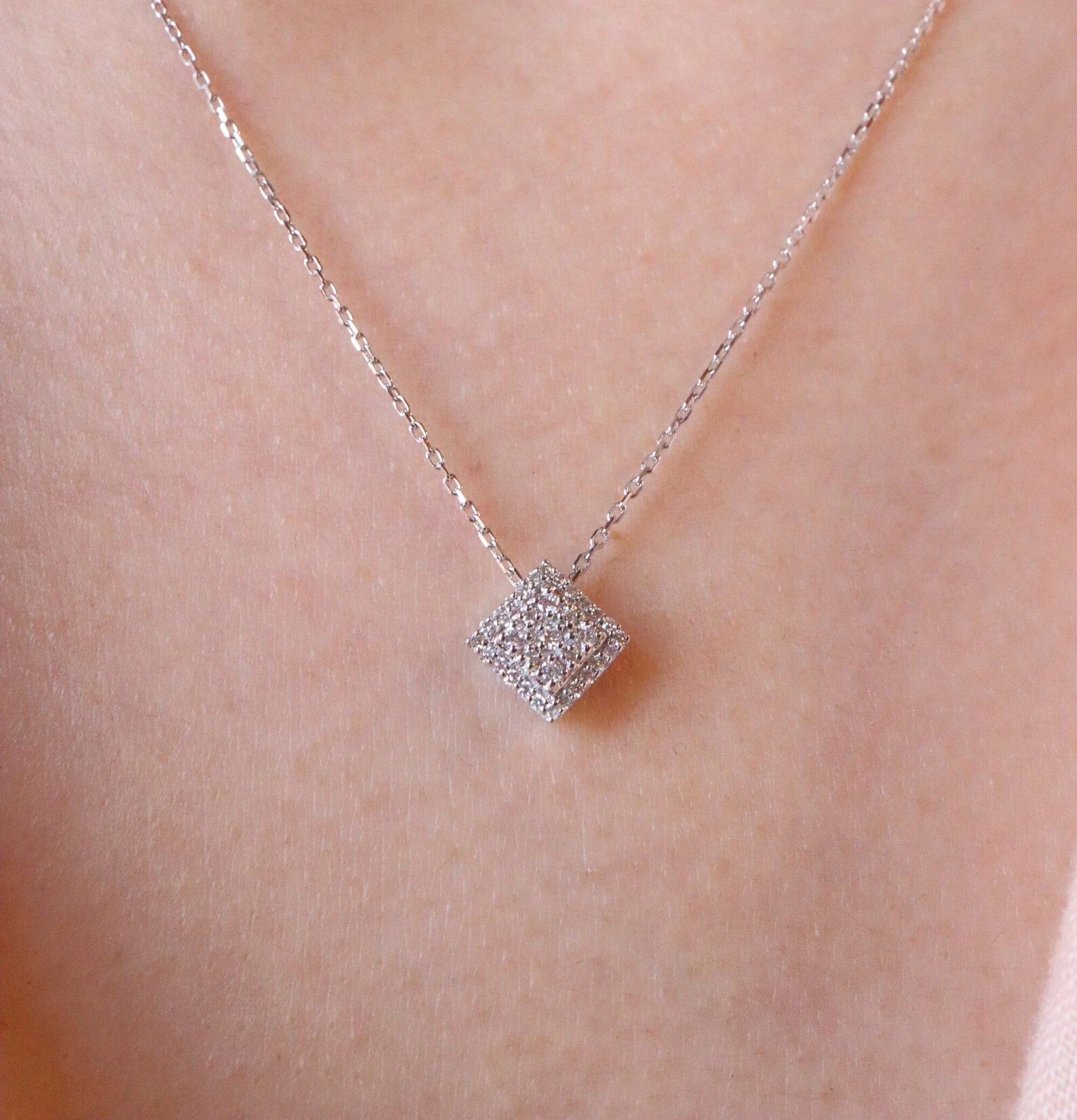 14K Solid Gold Diamond Square Pendant Necklace - Etsy