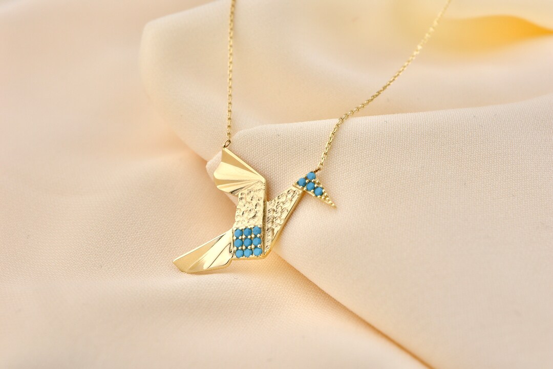 14K Solid Gold Origami Bird Necklace With Turquoise Stone - Etsy