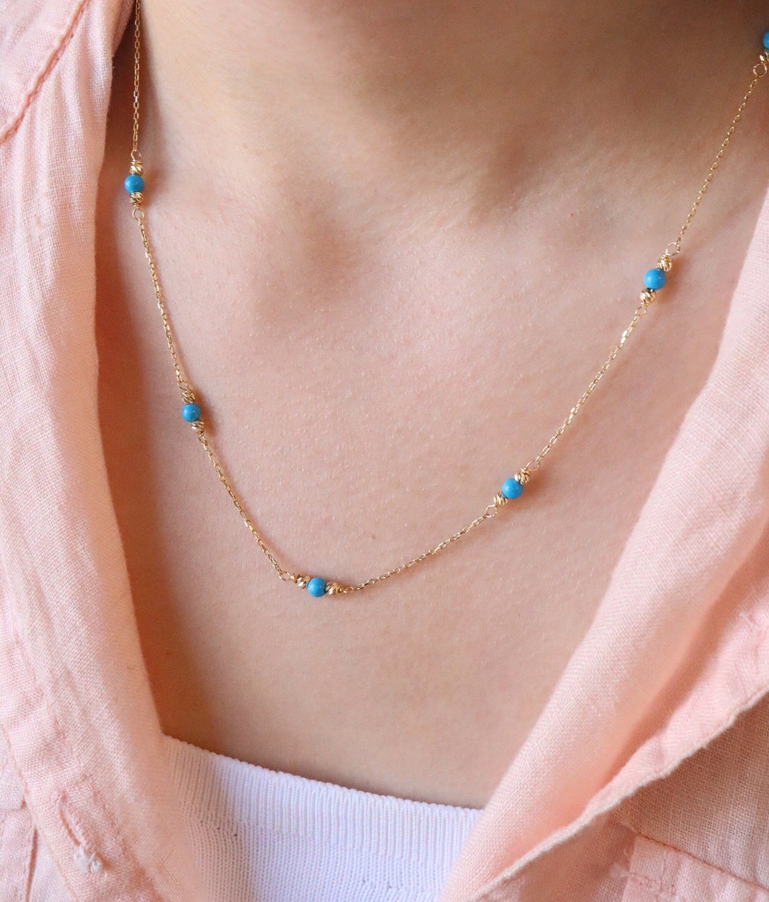 14k Solid Gold Necklace Made of Turquoise and Gold Balls- Turquoise ...