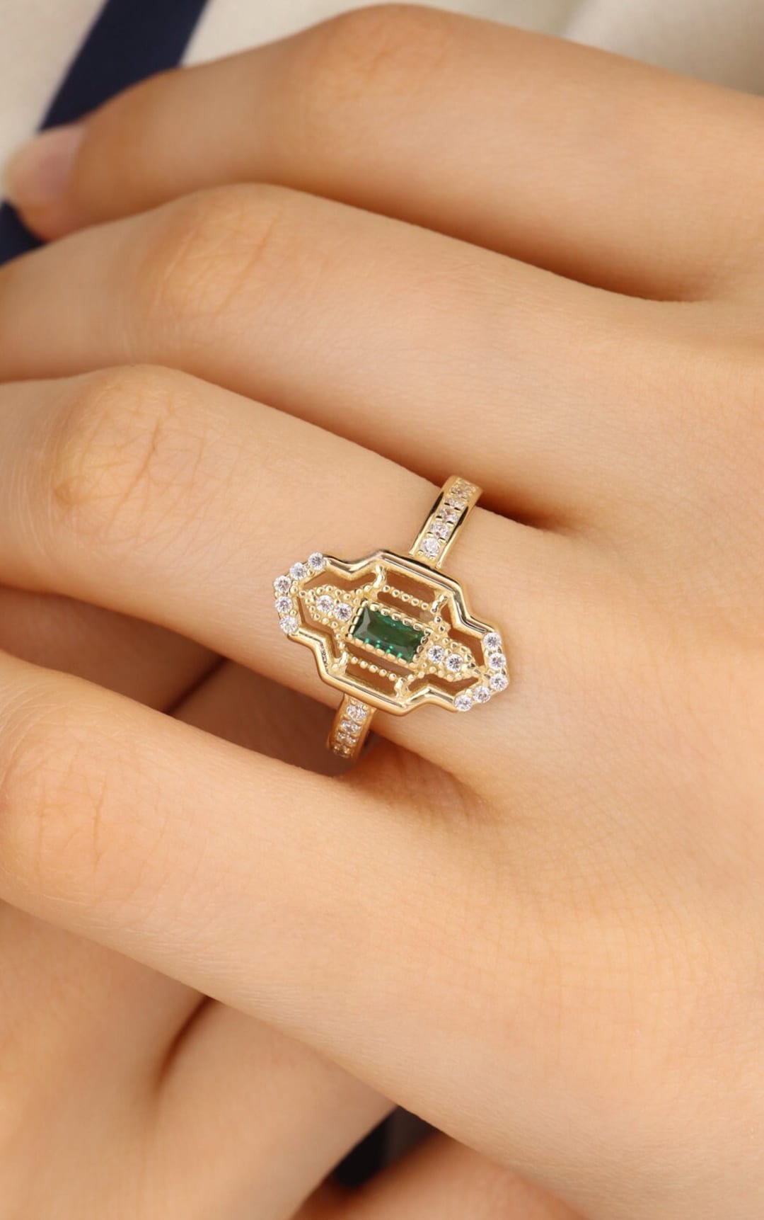 14k Solid Gold Green Stone Ring, Solid Gold Green Stone Ring, 14k ...
