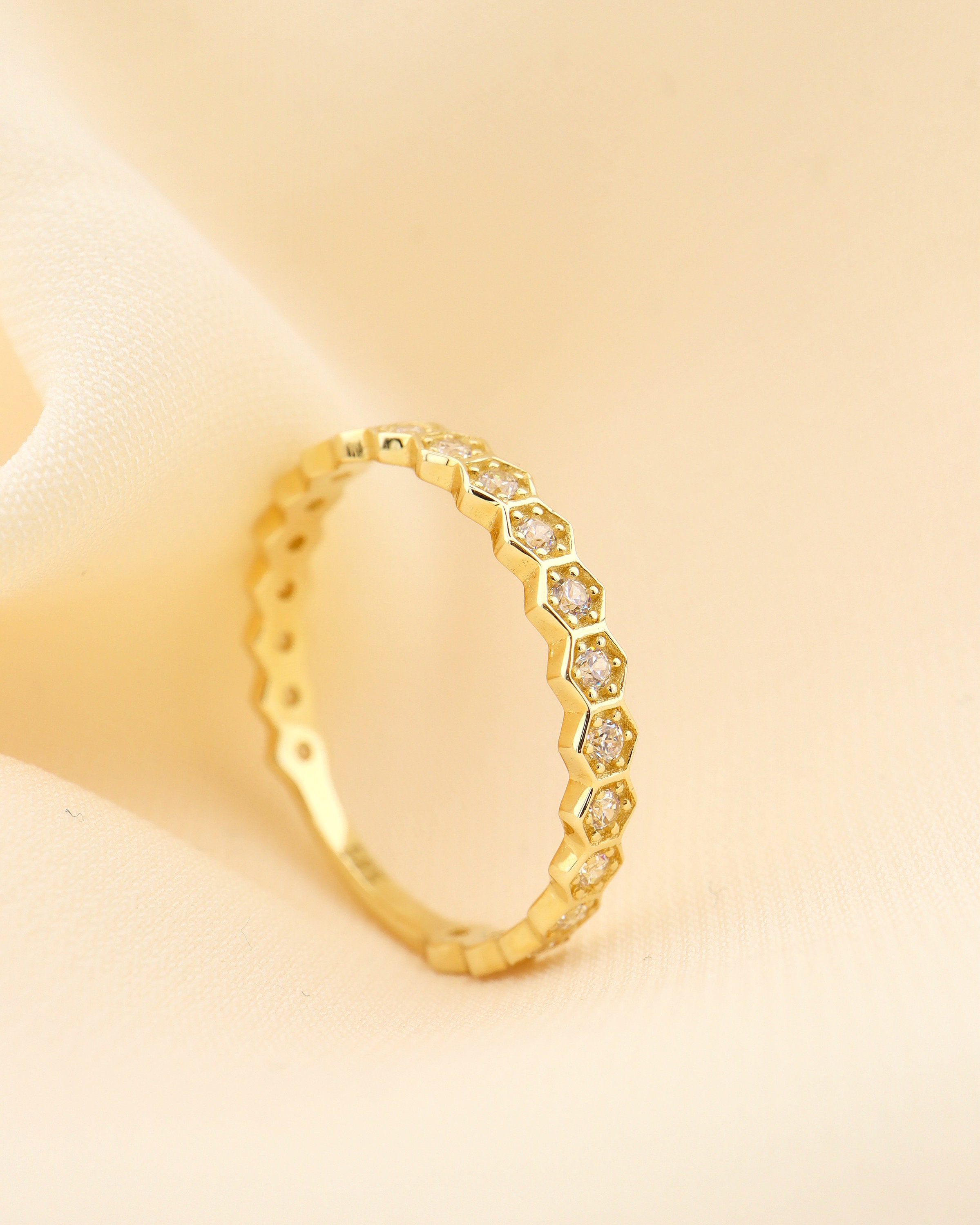 Zircon Stone Half-round Honeycomb Ring, Unique Hexagonal Design ...