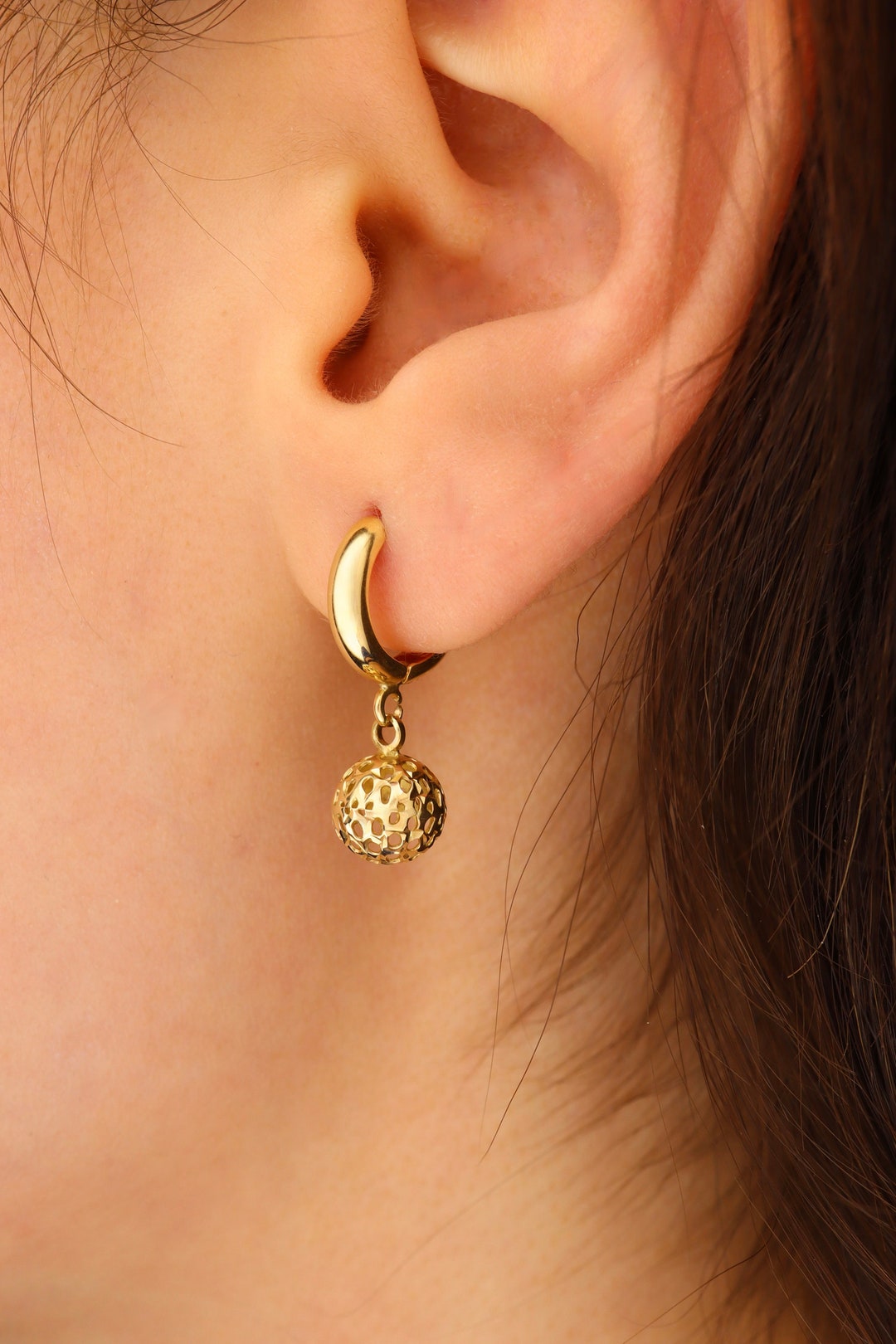 14K Gold Ball Hoop Earrings: Pierced Dangle Design - Etsy