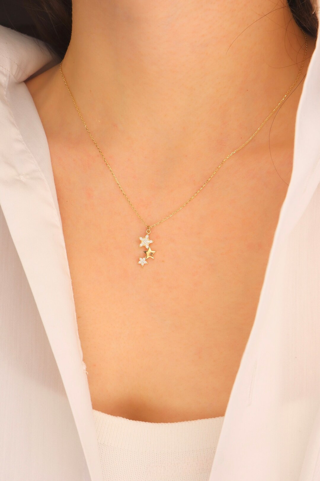 Necklace of 14k Solid Gold Stars A Star Cluster of Three Stars ...