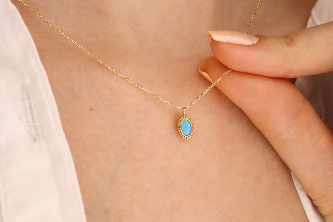 14K Gold Turquoise Stone Oval Necklace,blue Necklace,turquoise Oval ...