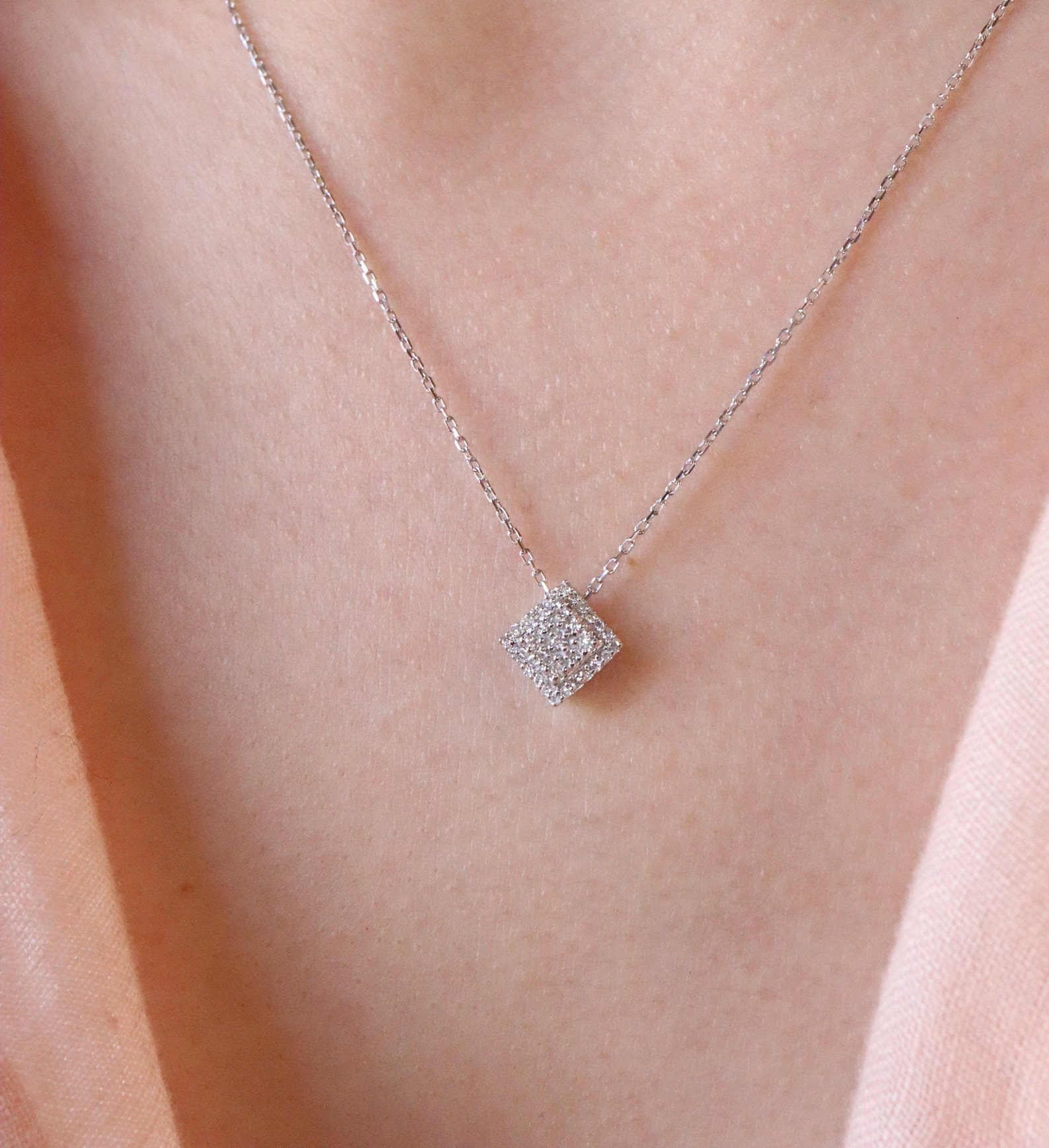 14K Solid Gold Diamond Square Pendant Necklace - Etsy
