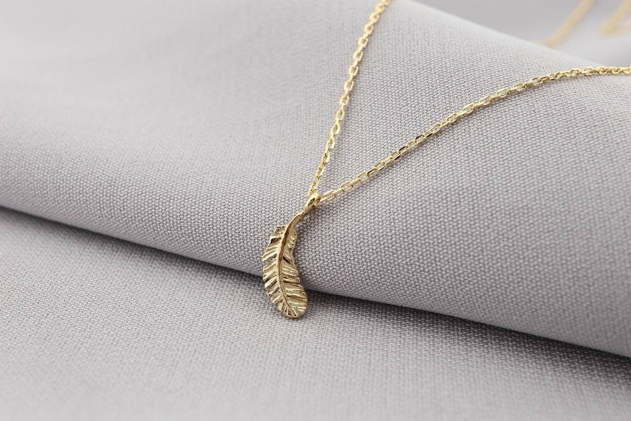 14k Solid Gold Feather 14k Real Gold Feather Pendant Necklace - Etsy