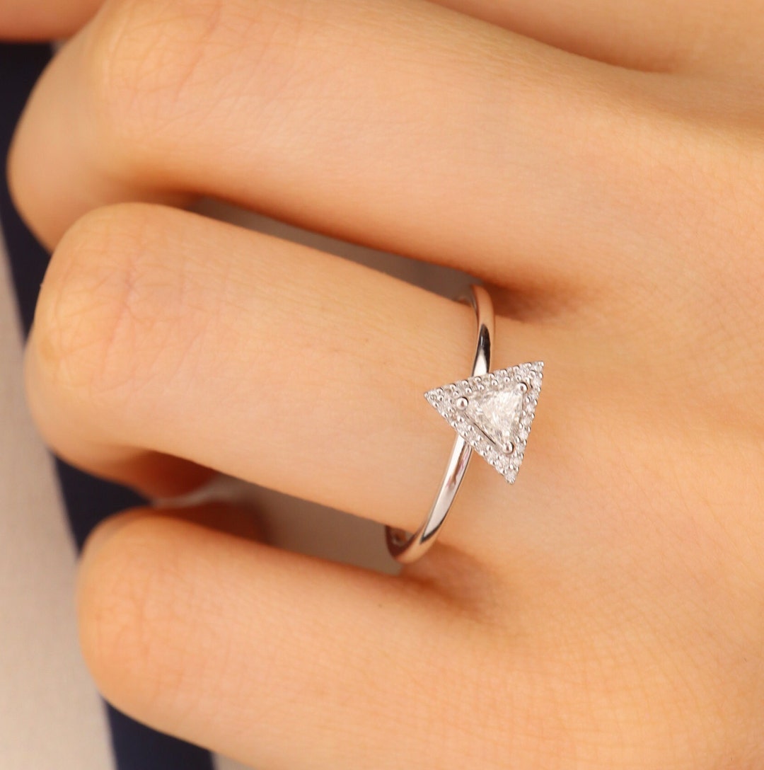 Triangle Diamond Engagement Ring Solid Gold Triangle Cut Engagement Ring Surrounded by Diamonds ...
