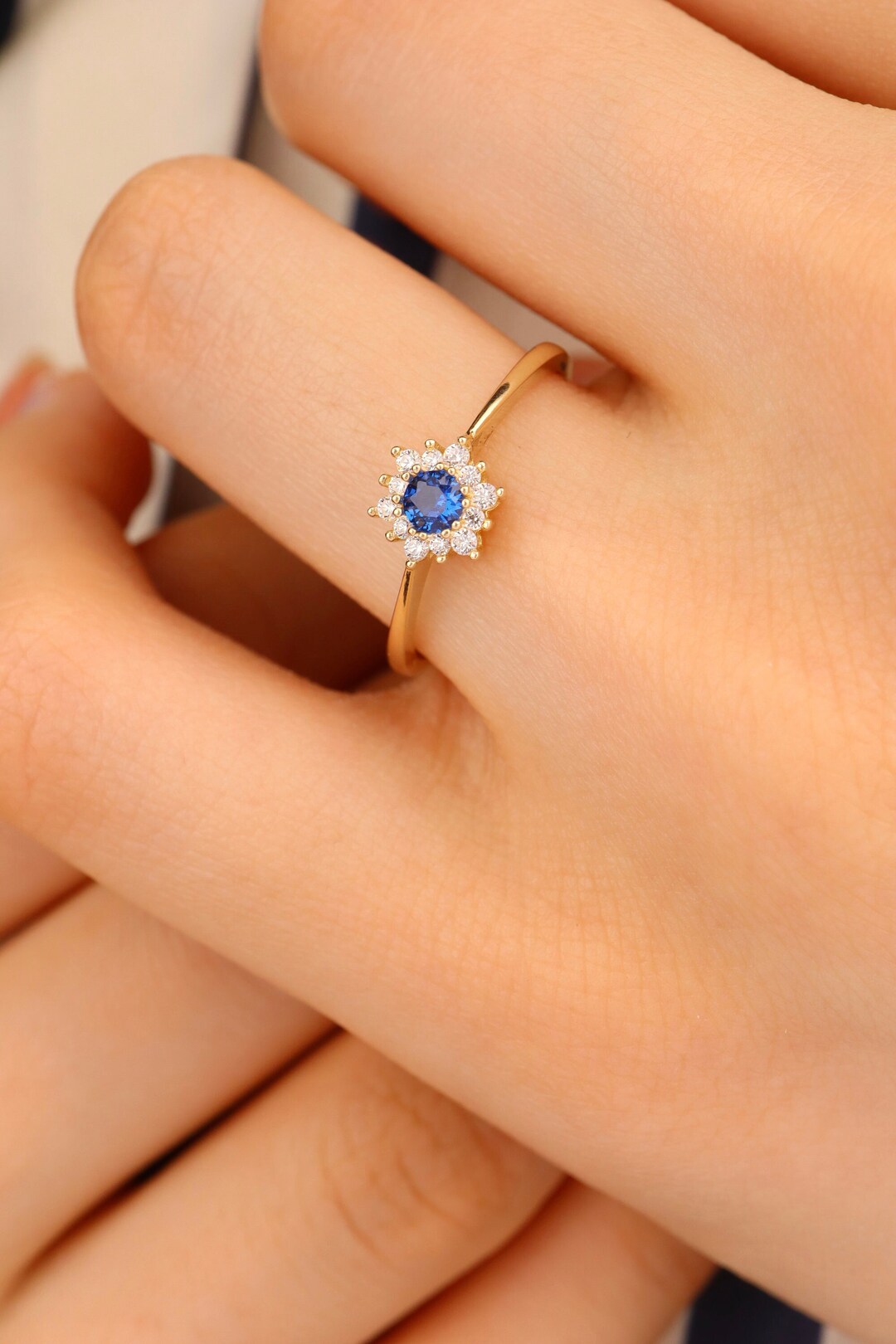 14k Solid Gold Blue Stone Flower Ring Minimalist Wedding Ring ...