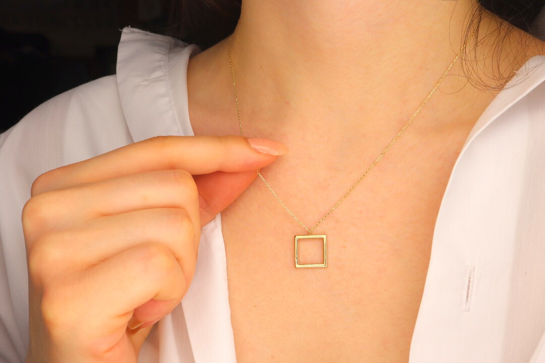 14K Solid Gold Square Pendant Necklace - Geometric Minimalist Jewelry ...