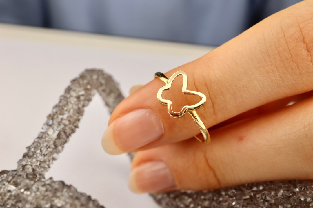 14K Solid Gold Butterfly Ring, Minimalist Gold Ring, Dainty Butterfly ...