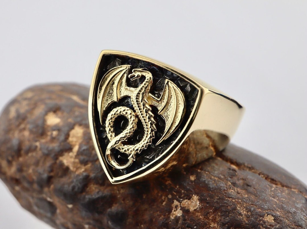 14K Solid Gold Dragon Signet Mens Ring, Handmade Winged Dragon Man Ring ...