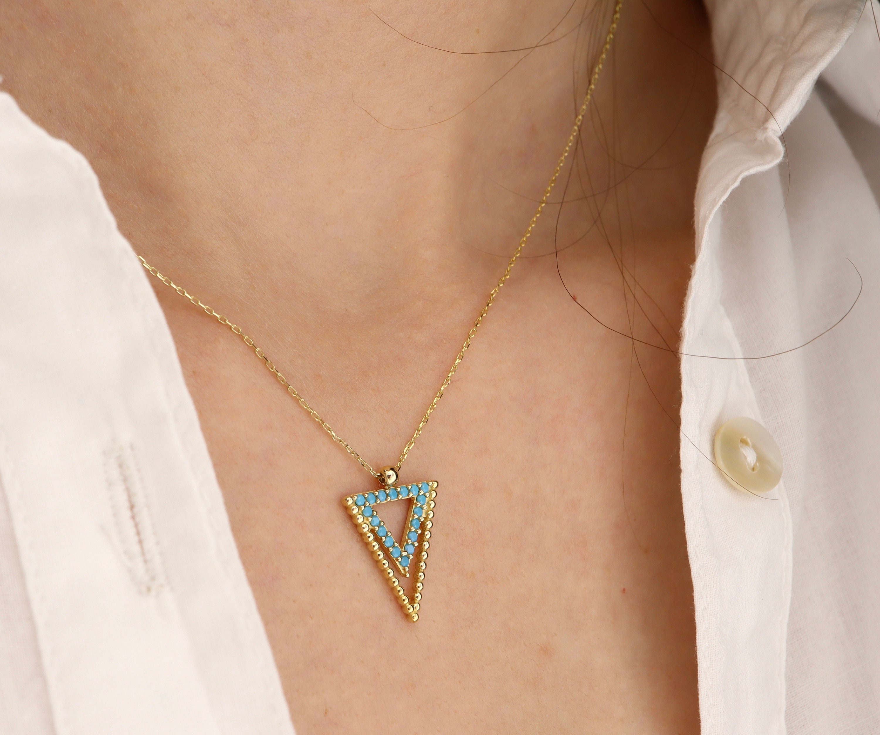 14K Solid Gold Turquoise Stone Triangle Shaped Necklace - Etsy