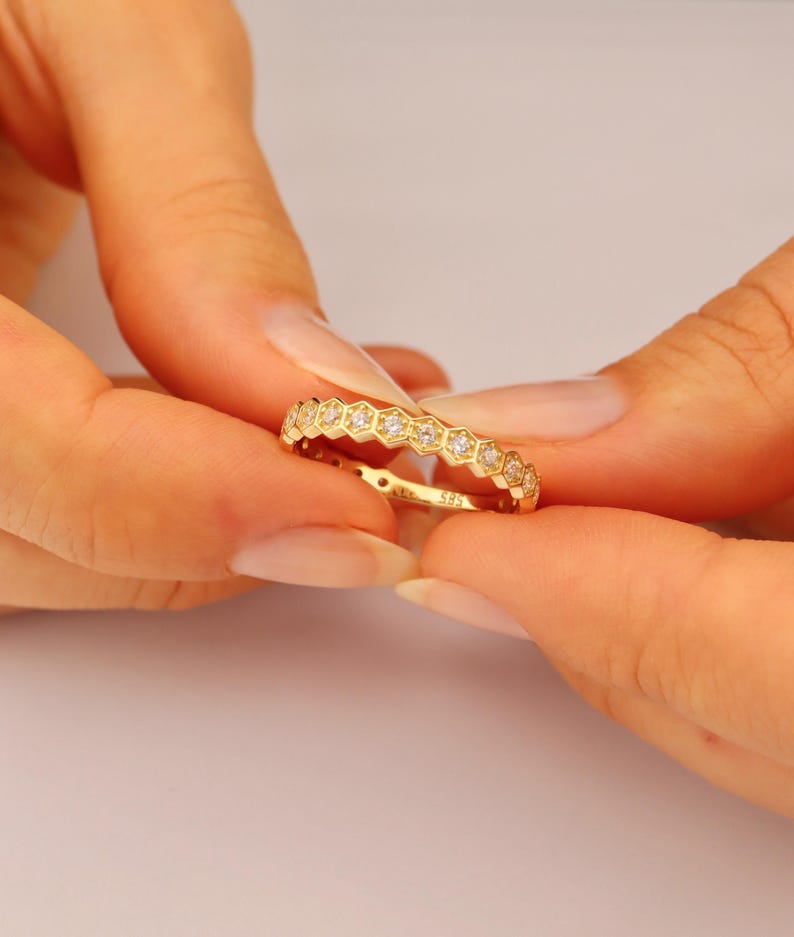 Zircon Stone Half-round Honeycomb Ring, Unique Hexagonal Design ...