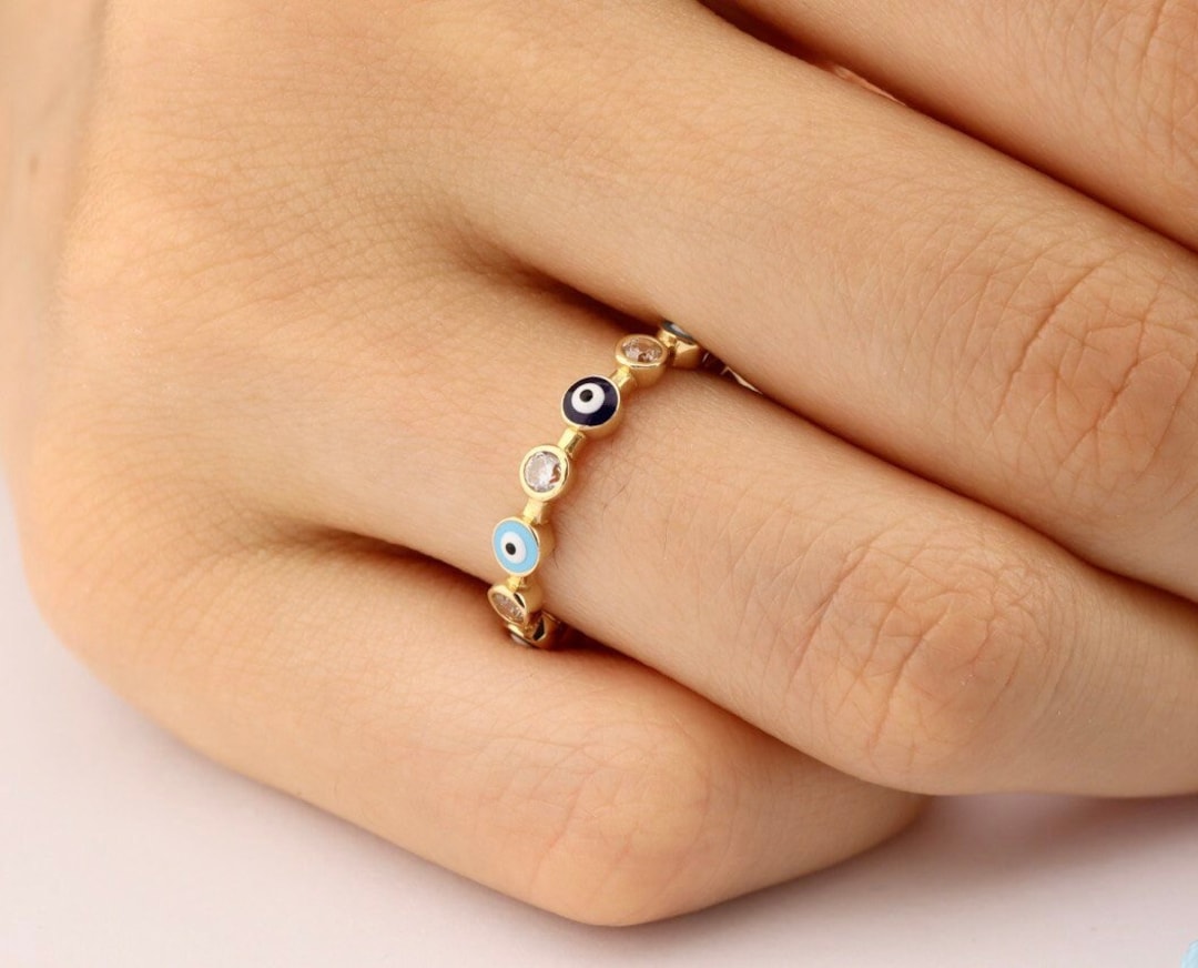 14k Evil Eye Bead Elegant Gold Ring evil Eye Gold Ring Zircon Stone ...