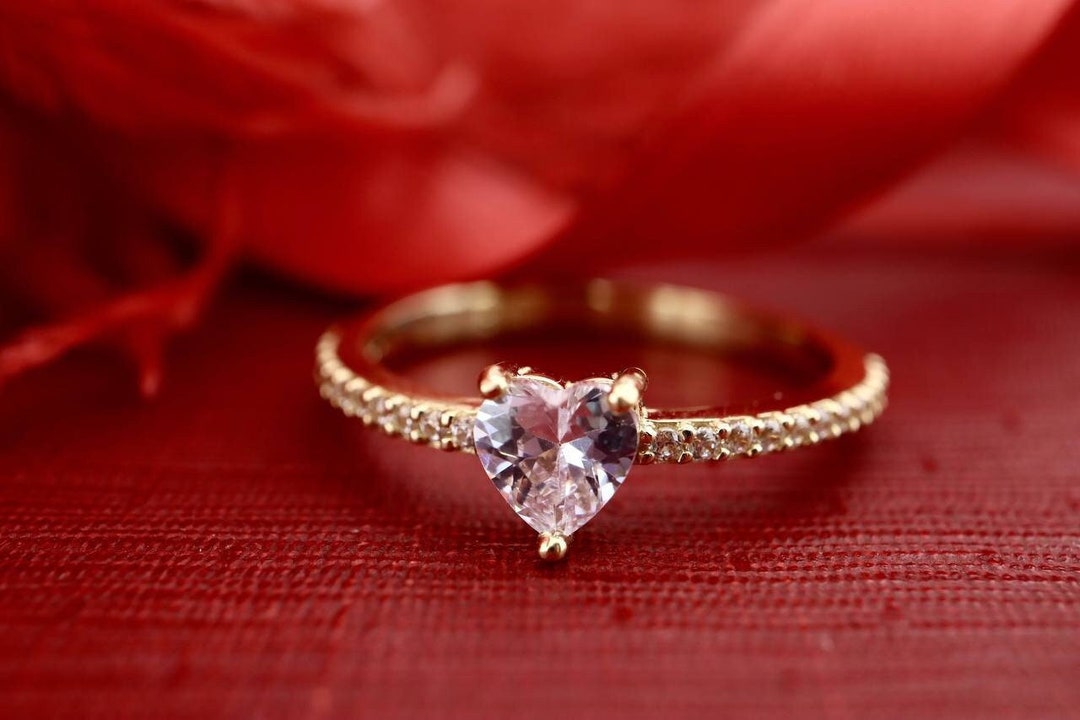 14K SOLID GOLD Heart Shaped Stone Ring, Real Gold - Delicate Ring With ...