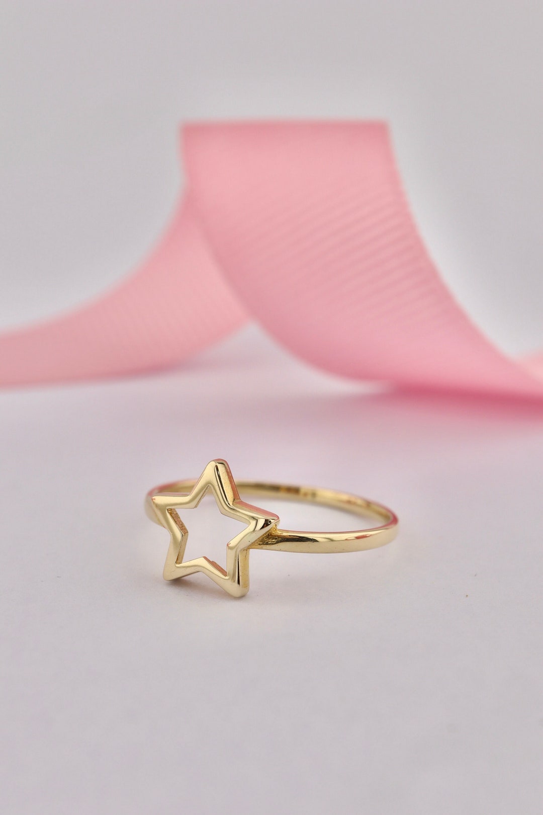 14K SOLID GOLD Star Ring, Real Gold Sparkle Stacking Delicate Ring ...