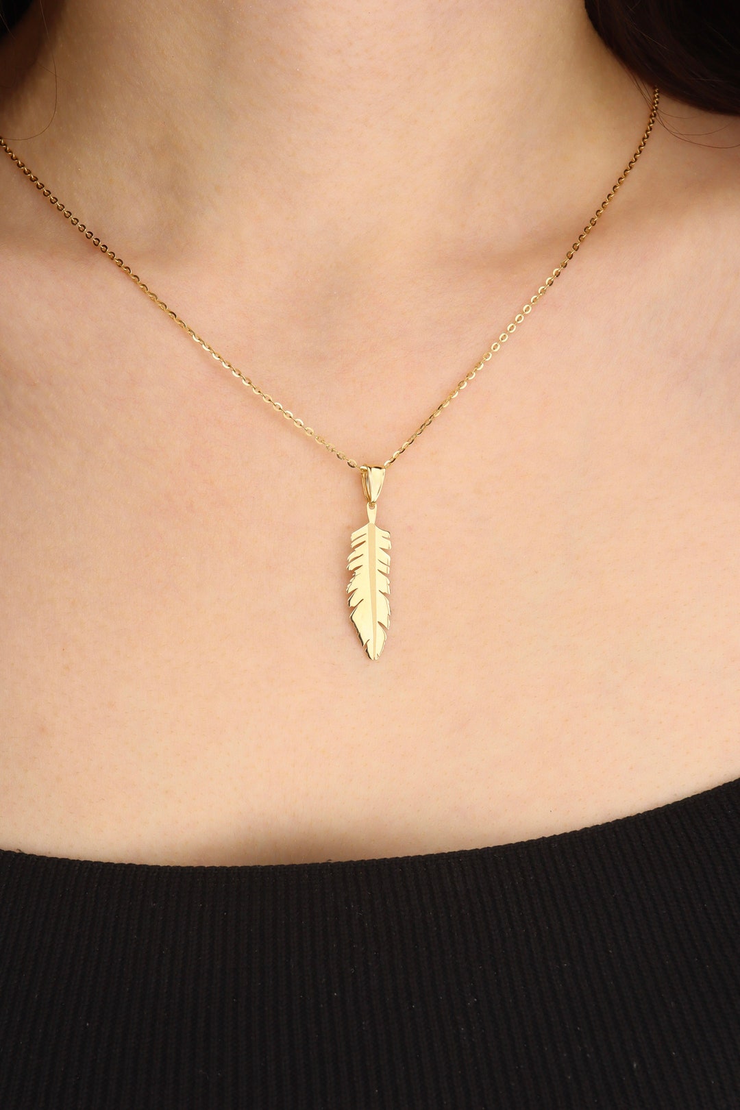 14K Gold Feather Necklace, Dainty Gold Pendant, Delicate Jewelry ...