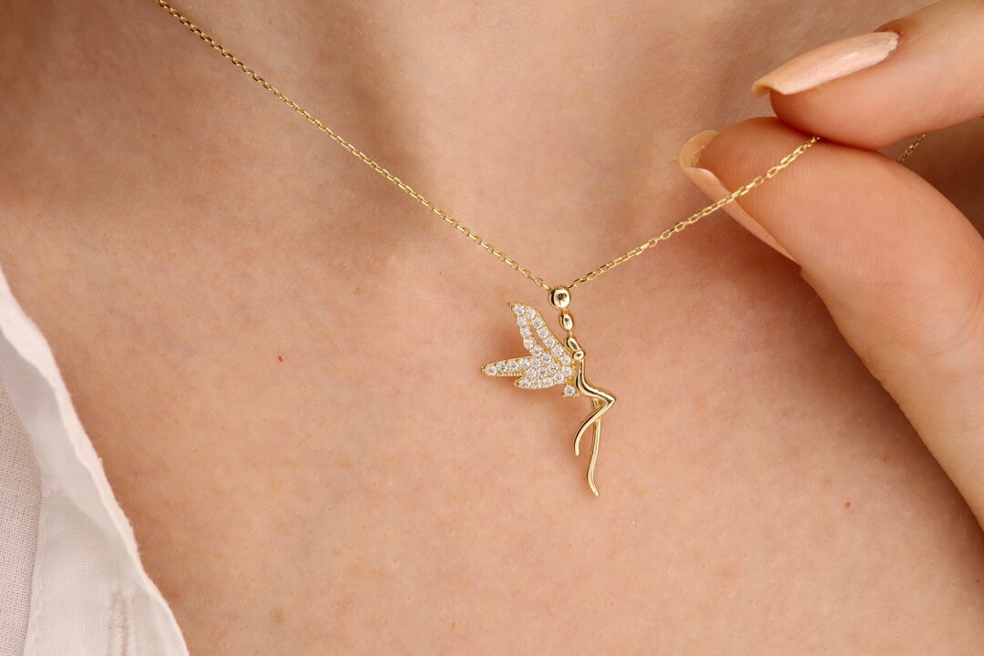 Fairy Necklace 14k Solid Gold - Cubic Zirconia Fairy Charm Pendant ...